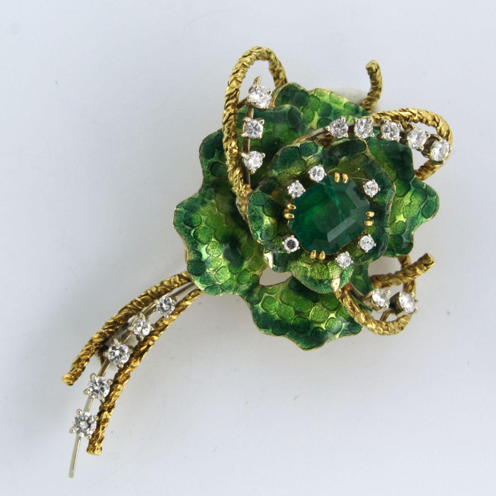 Brooch green enamel, emerald up to 4.50ct and brilliant cut diamond 18k ...