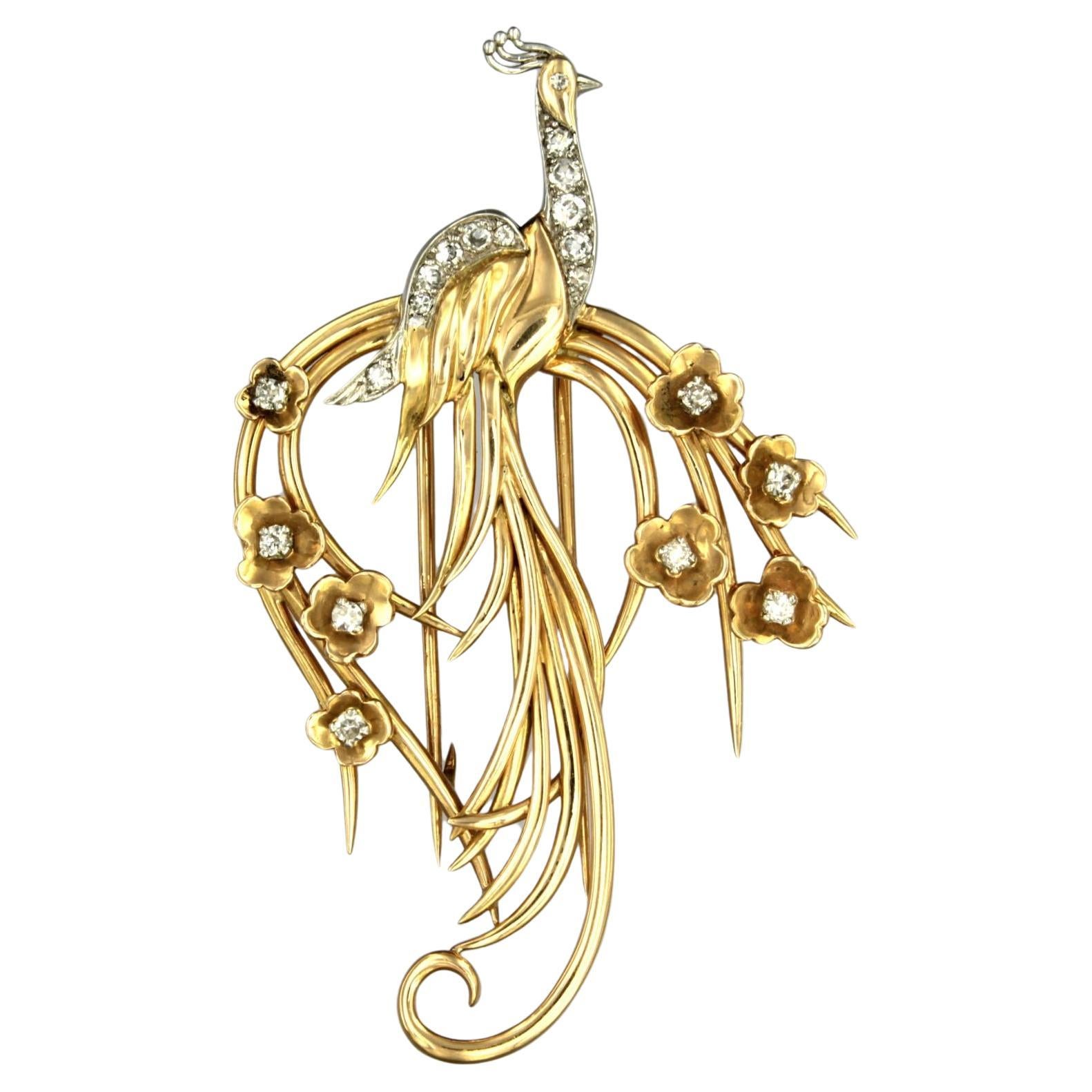 Brooch in a shape of a peacock set with diamonds 18k bicolor gold For ...