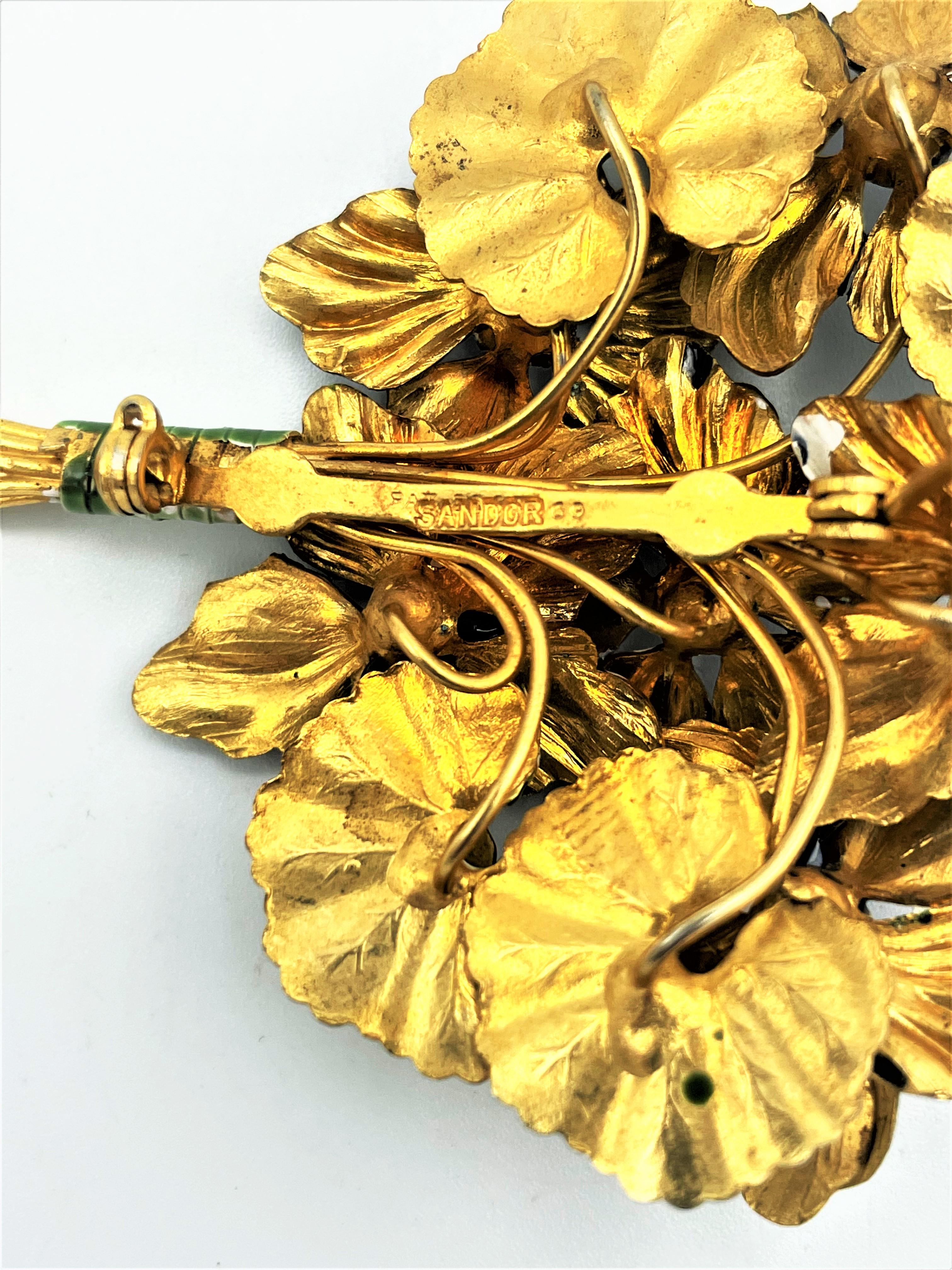 Brooch in the shape of a bouquet of violets, signed Sandor, gold pated ...