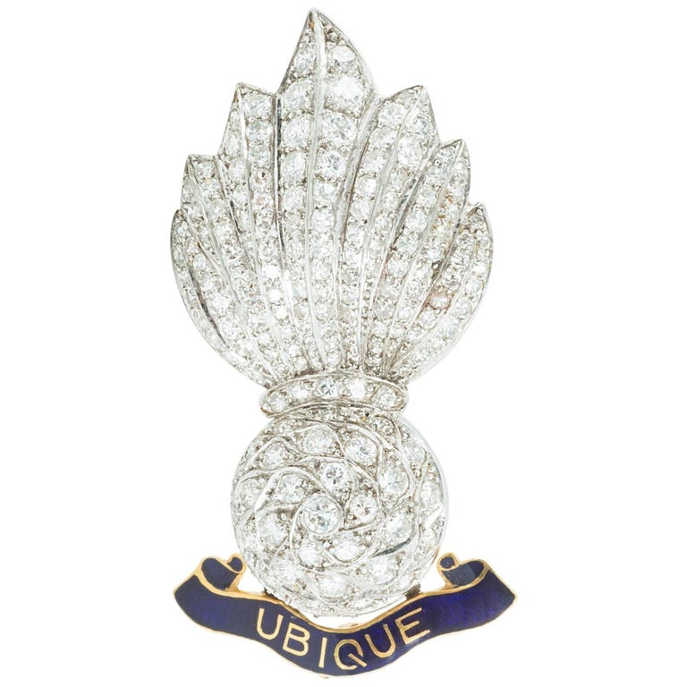 Brooch Platinum Mounted Diamond Set Flaming Grenade with Enamel ...