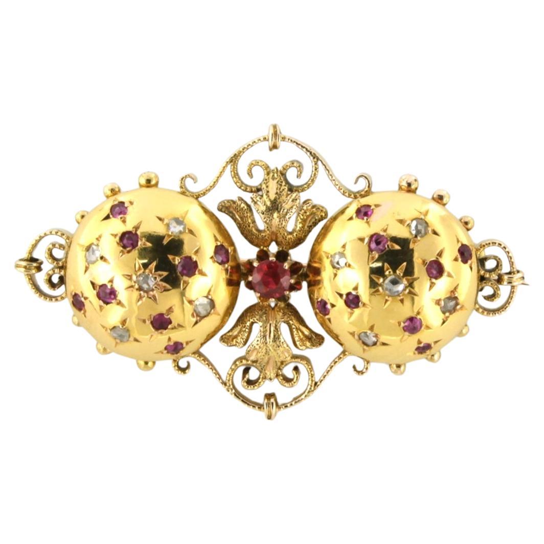 Art Nouveau Rose Cut Diamond Ruby 14 Karat Yellow Gold Brooch For Sale ...