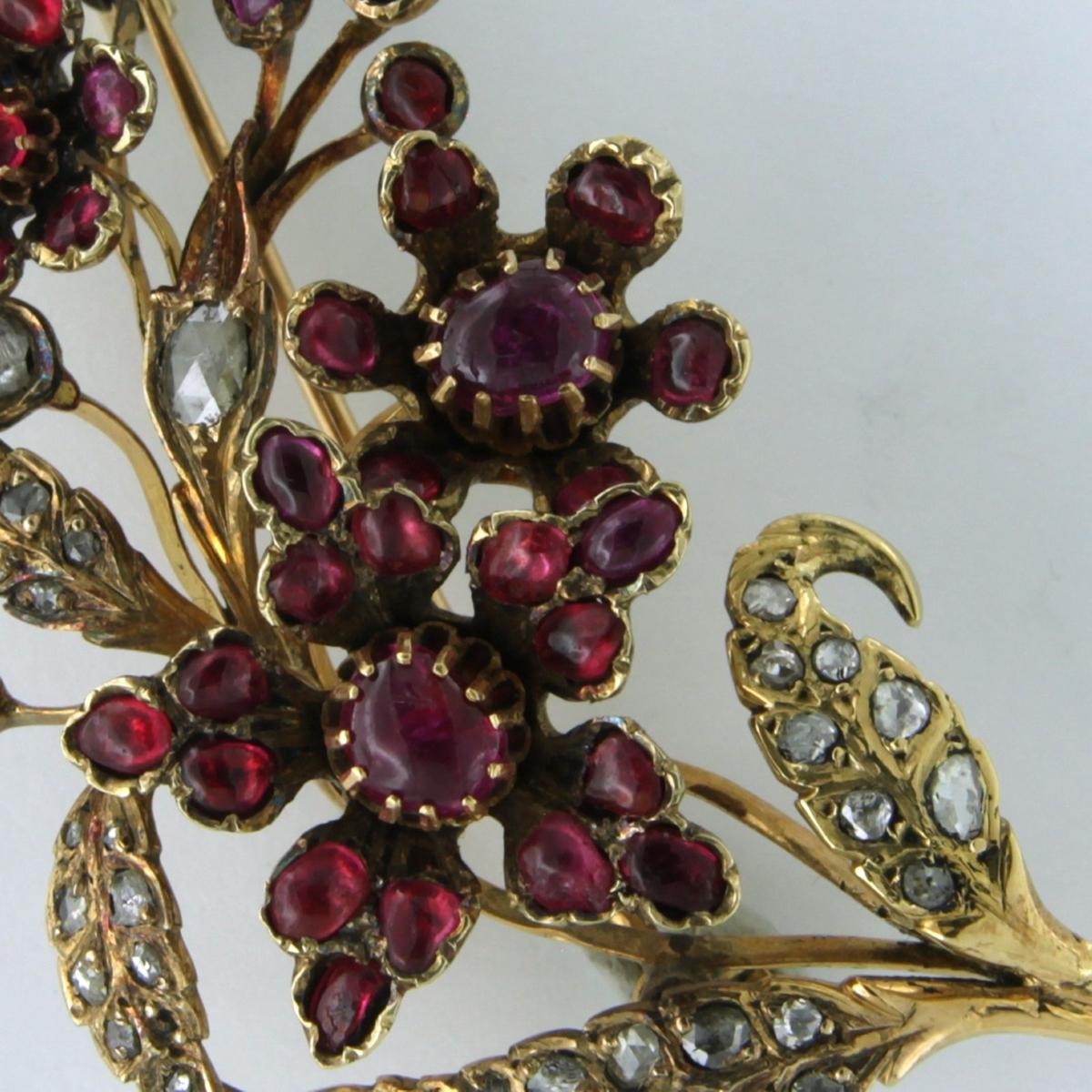 Brooch set with ruby and rose cut diamonds up to 0.50ct 18k yellow gold ...