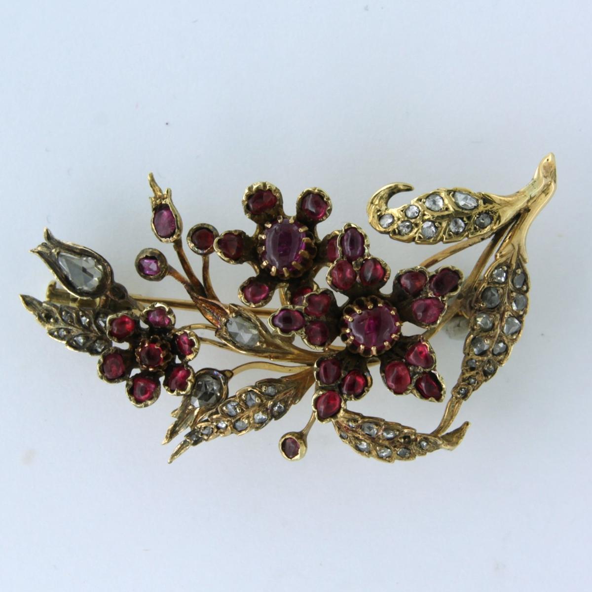 Brooch set with ruby and rose cut diamonds up to 0.50ct 18k yellow gold ...