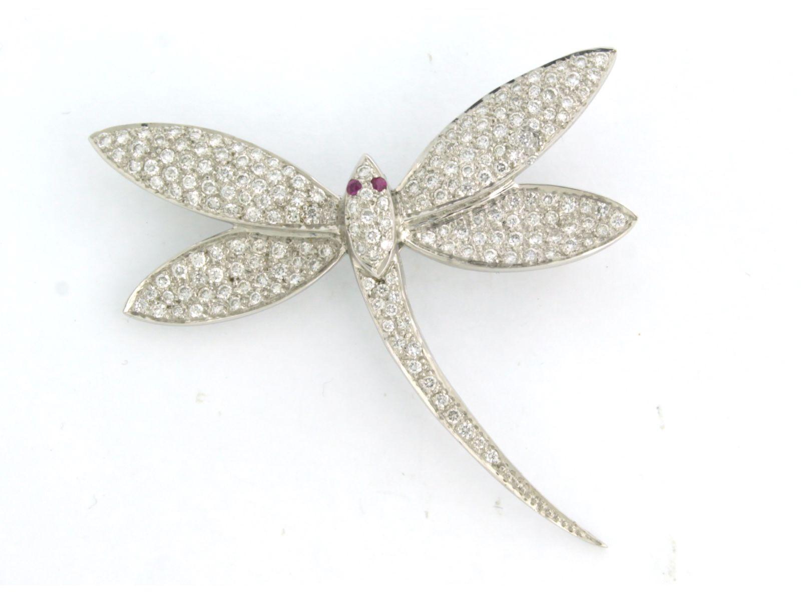 Brooch shape of a dragonfly with ruby and brilliant cut diamonds 14k ...