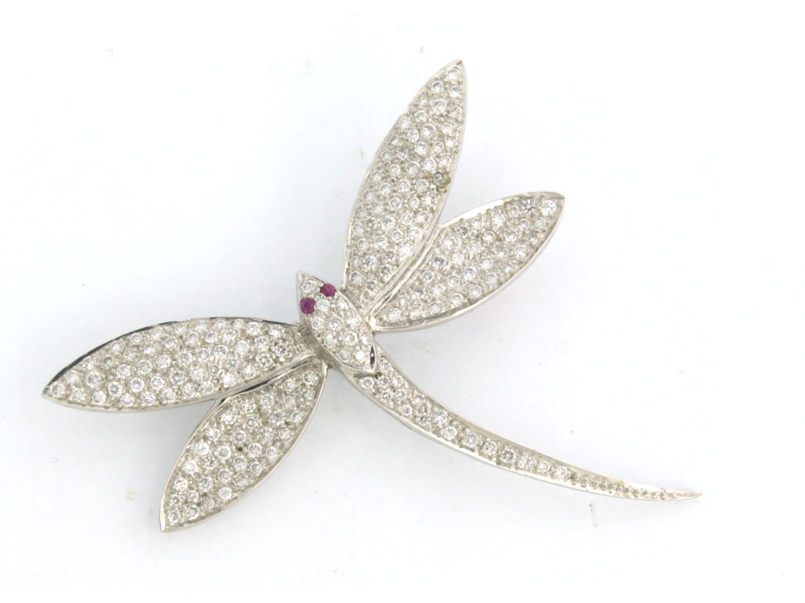 Brooch shape of a dragonfly with ruby and brilliant cut diamonds 14k ...