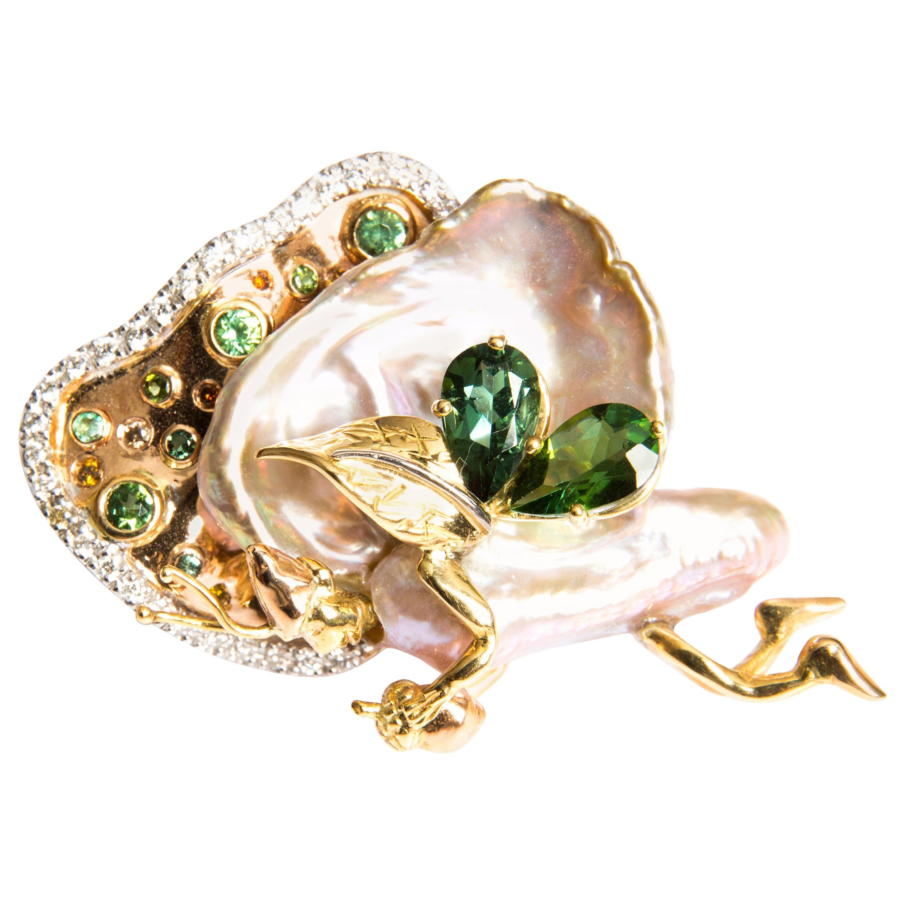 Brooch Water Elf, Cultured Pearl, Green Tourmaline and Diamonds in ...