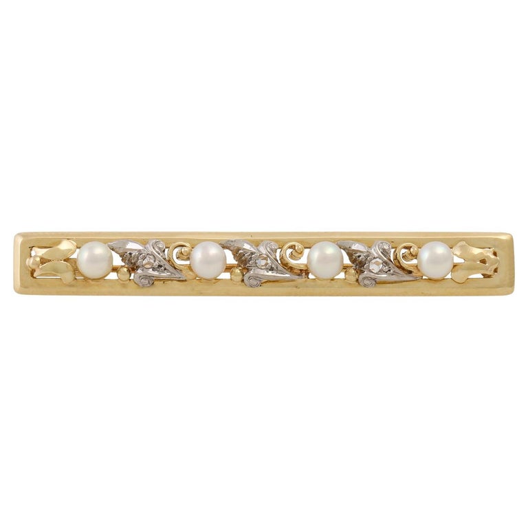 Brooch with 4 Akoya Cultured Pearls and 3 Rose-Cut Diamonds For Sale at ...