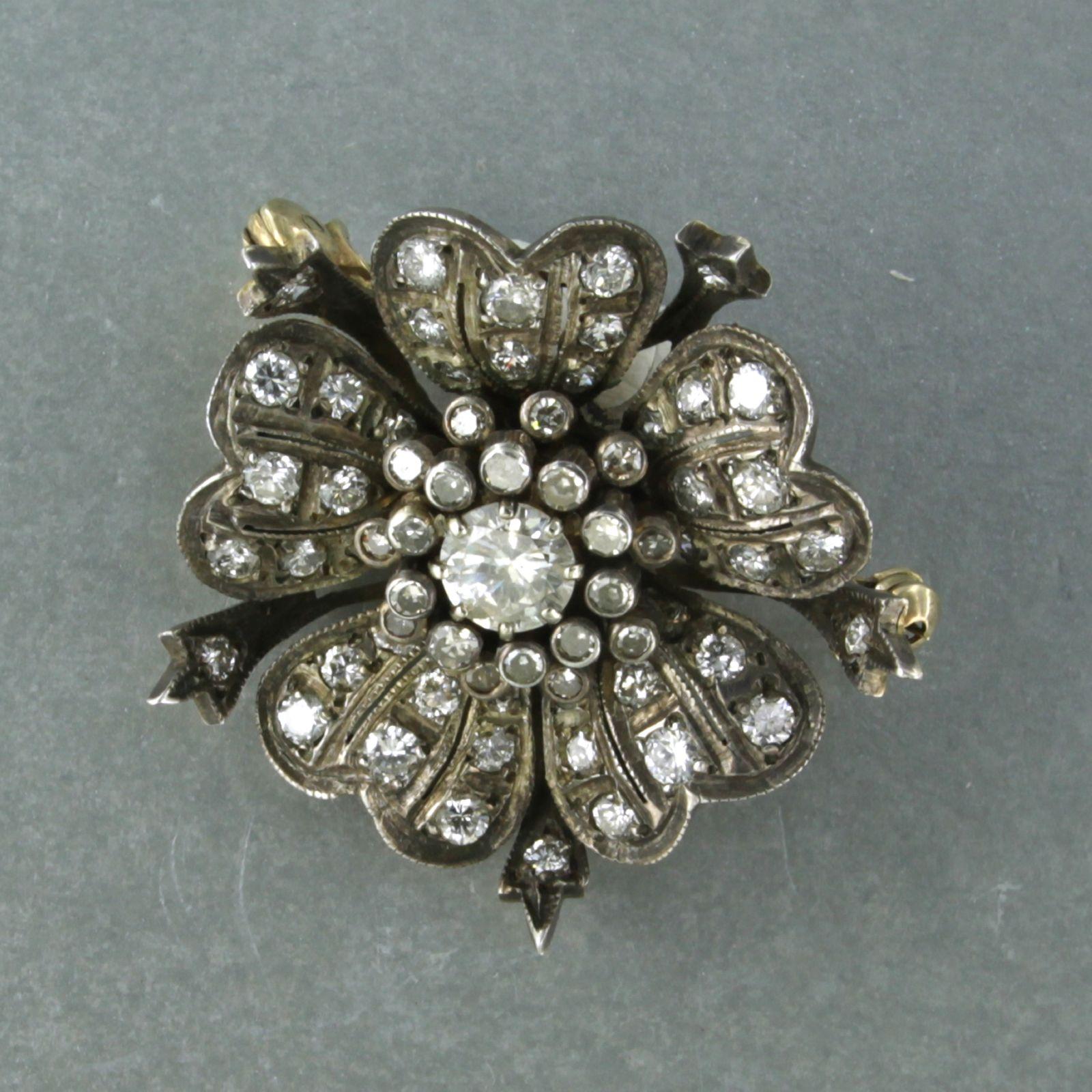 Brooch with diamonds 14k yellow gold and silver For Sale at 1stDibs