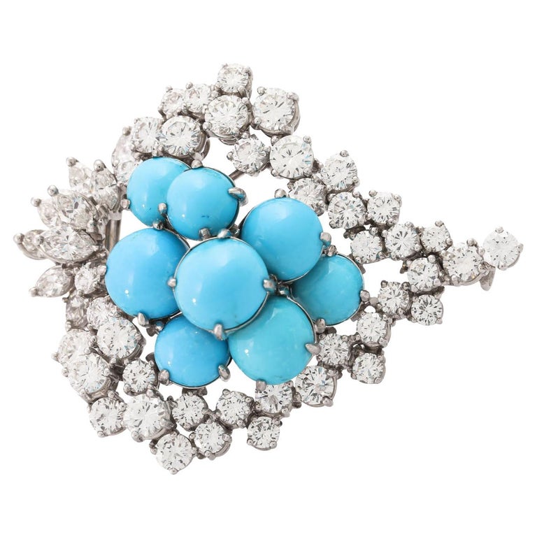 Brooch with Fine Turquoise and Brilliant-Cut Diamonds For Sale at 1stDibs