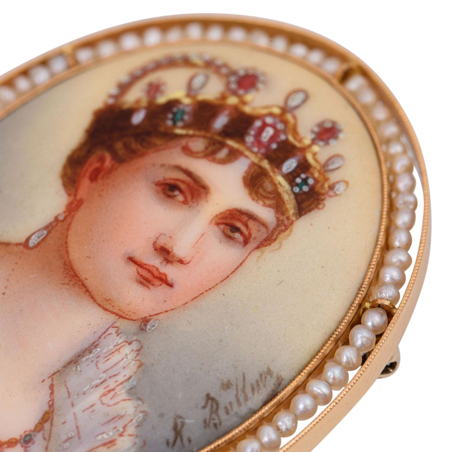 Brooch with Porcelain Painting Surrounded by Pearls For Sale at 1stDibs