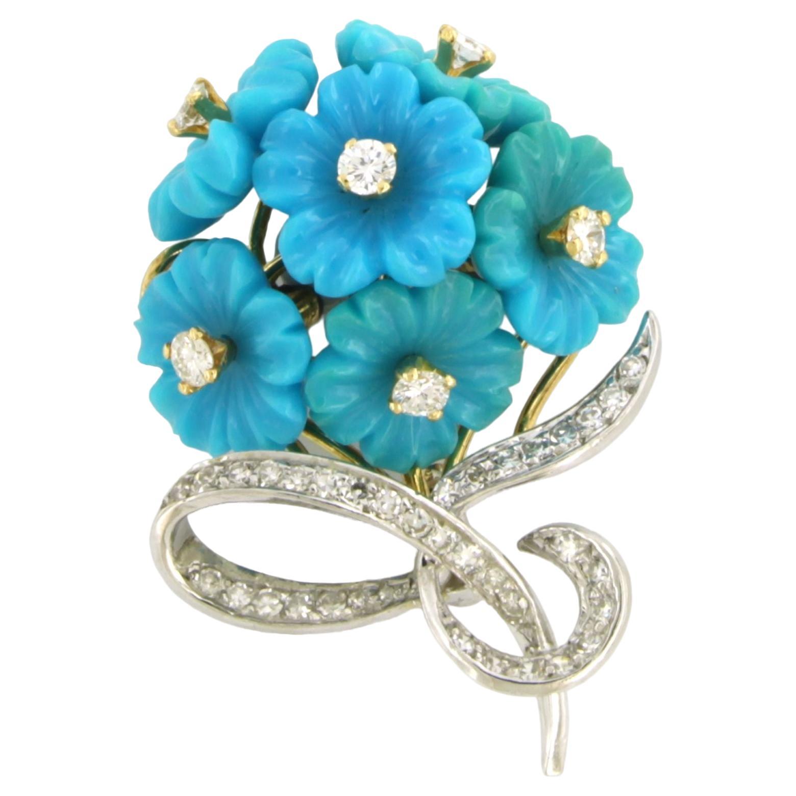 Brooch with turquoise and diamonds 18k yellow gold and platinum For ...