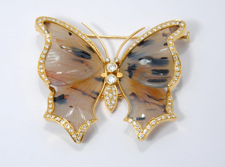 Brown Agatha Butterfly Brooch in 18 Karat Yellow Gold and Diamonds For ...