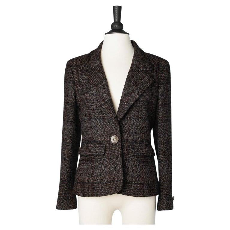 Brown and black tweed single breasted jacket with branded leather buttons Chanel For Sale at 1stDibs