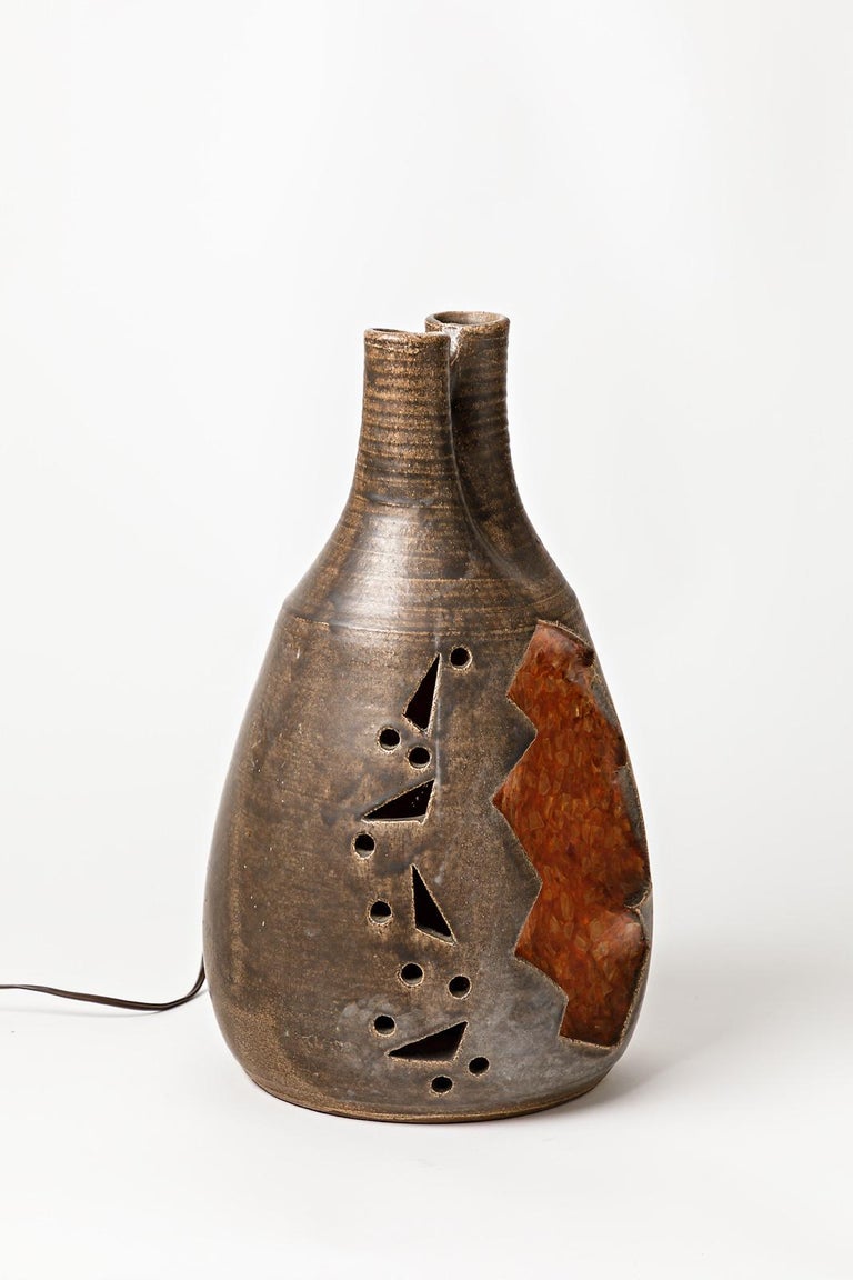 Brown and Orange Midcentury Ceramic Sculpture Table Lamp by Accolay ...