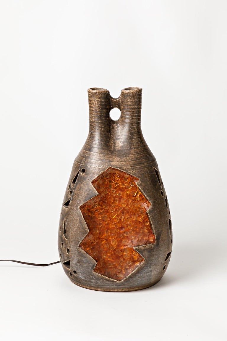 Brown and Orange Midcentury Ceramic Sculpture Table Lamp by Accolay ...
