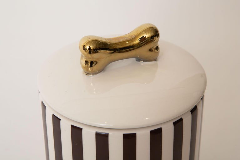 Brown and White Striped Porcelain Dog Biscuit Lidded Jar Henri Bendel ...