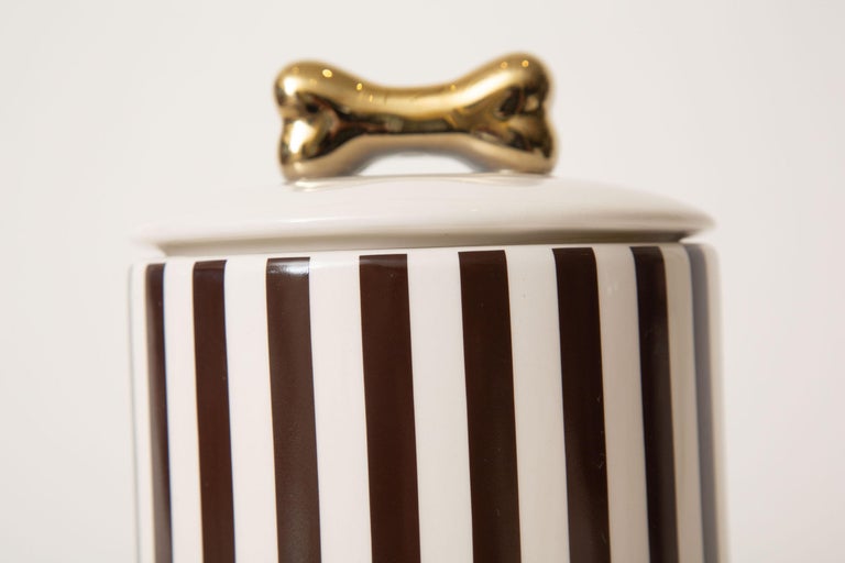 Brown and White Striped Porcelain Dog Biscuit Lidded Jar Henri Bendel ...