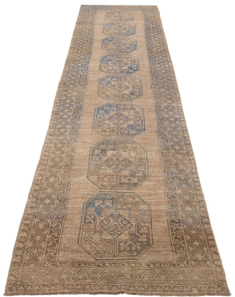 Brown Antique Turkmen Handmade Persian Wool Runner with Tribal Motif ...