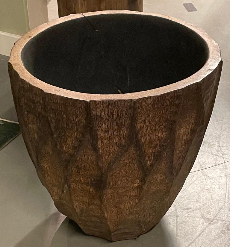 Brown Carved Palm Wood Pair of Pots, Indonesia, Contemporary For Sale ...