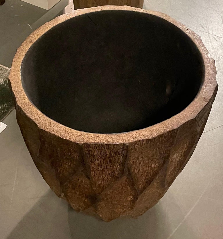Brown Carved Palm Wood Pair of Pots, Indonesia, Contemporary For Sale ...