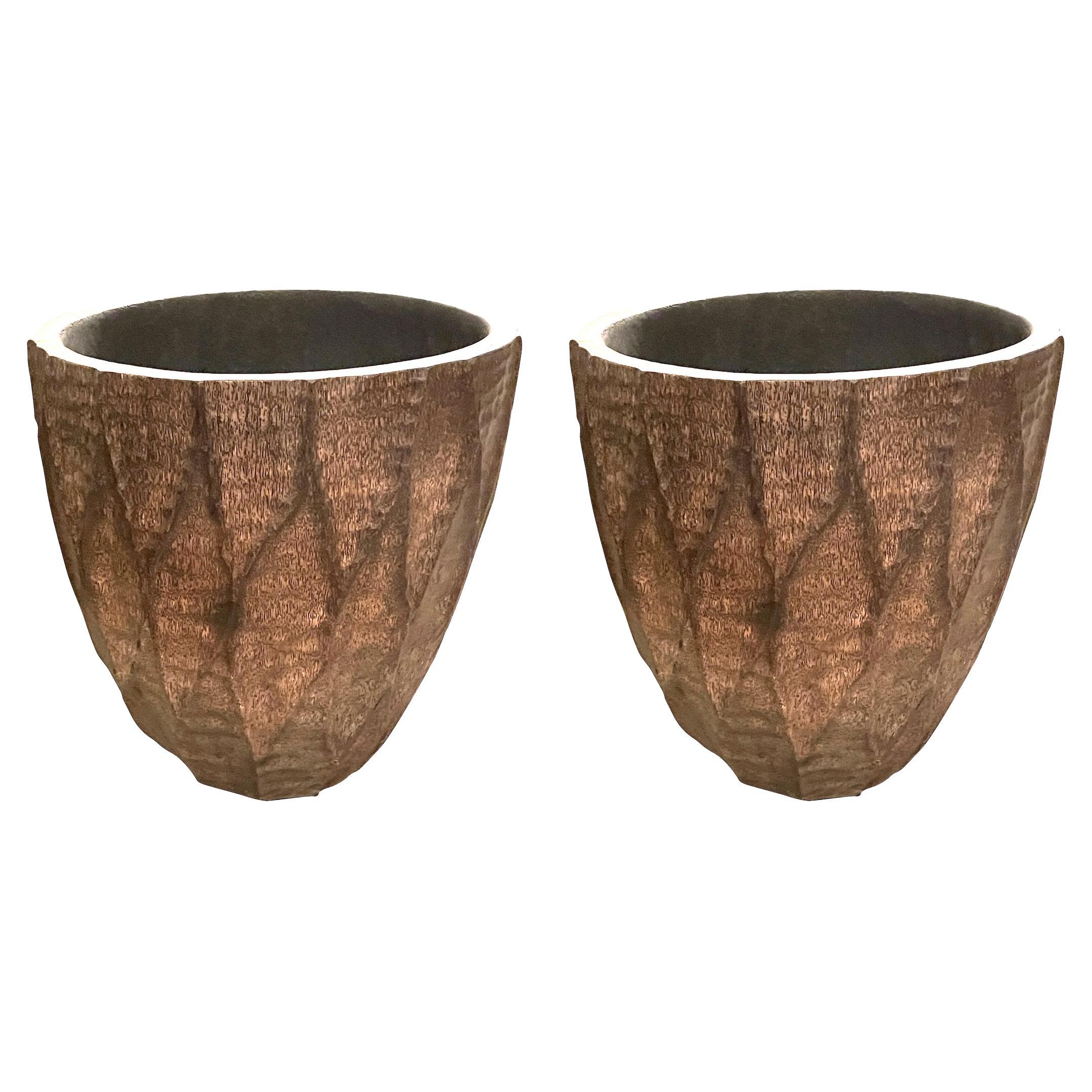 Brown Carved Palm Wood Pair of Pots, Indonesia, Contemporary For Sale ...