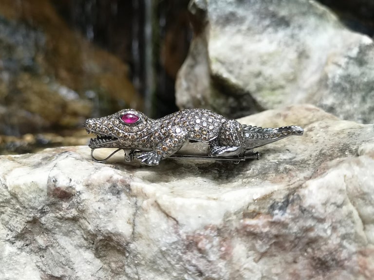 Brown Diamond with Ruby Crocodile/Alligator Brooch/Pendant Set in 18 ...
