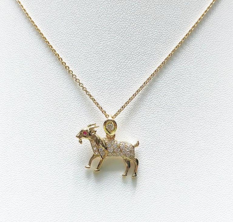 Brown Diamond with Ruby Goat Chinese Zodiac Pendant Set in 18 Karat ...