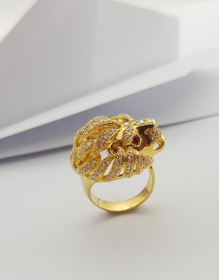 Brown Diamond with Ruby Lion Ring Set in 18 Karat Gold Setting For Sale ...