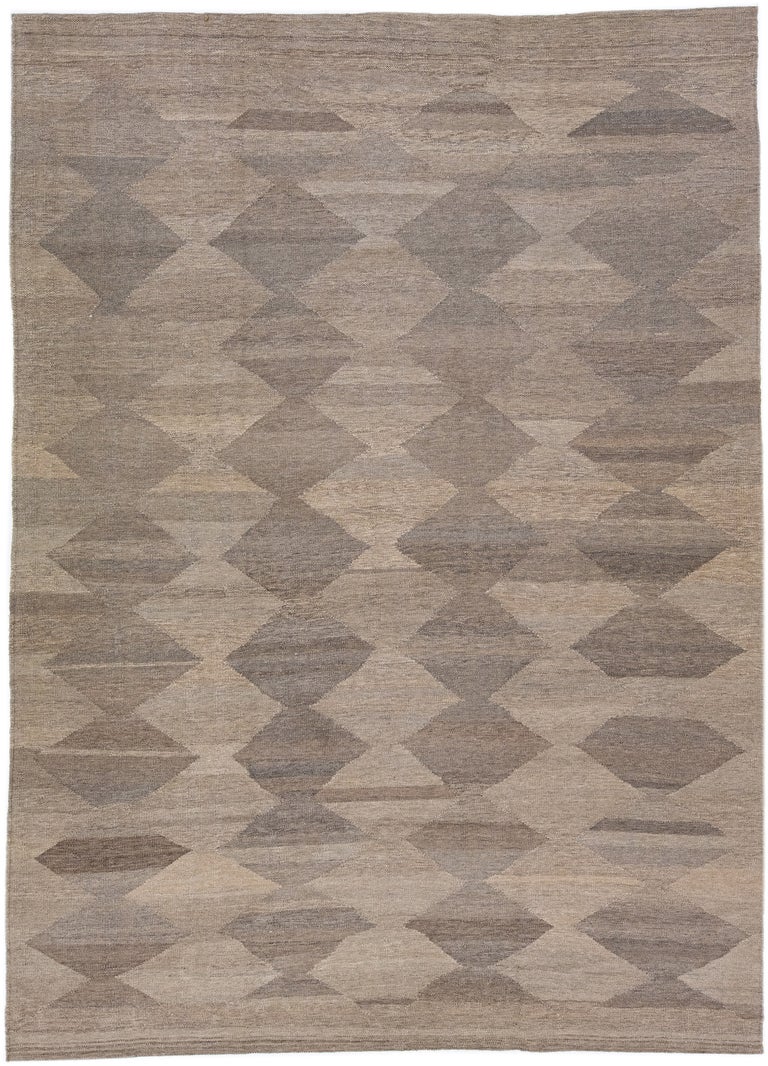 Brown Flatweave Modern Kilim Wool Rug With Geometric Pattern For Sale ...