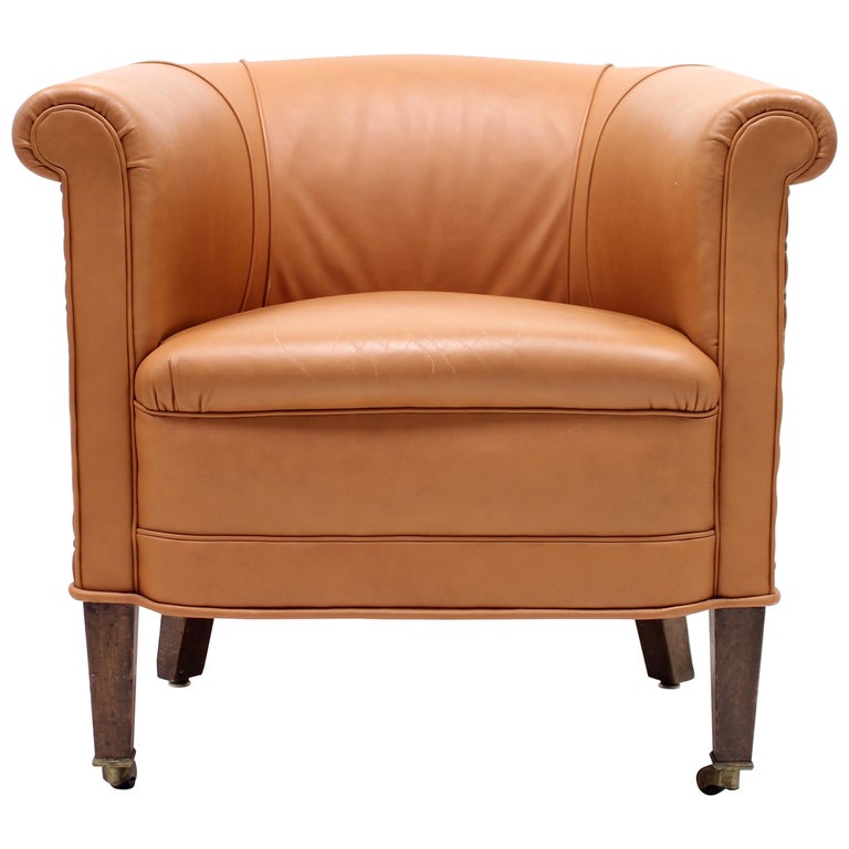Brown Leather Club Chair on Castors, 1930s For Sale at 1stDibs