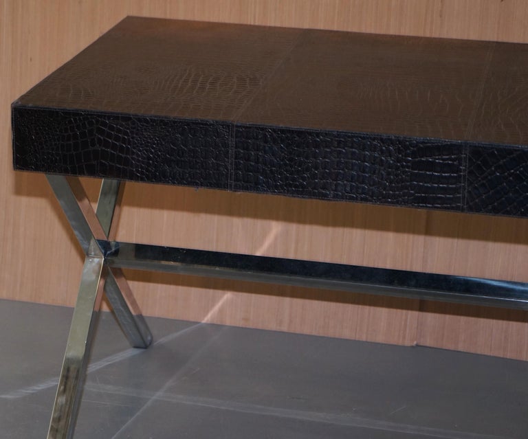 Brown Leather Crocodile Alligator Patina Desk with Chrome X-Frame ...