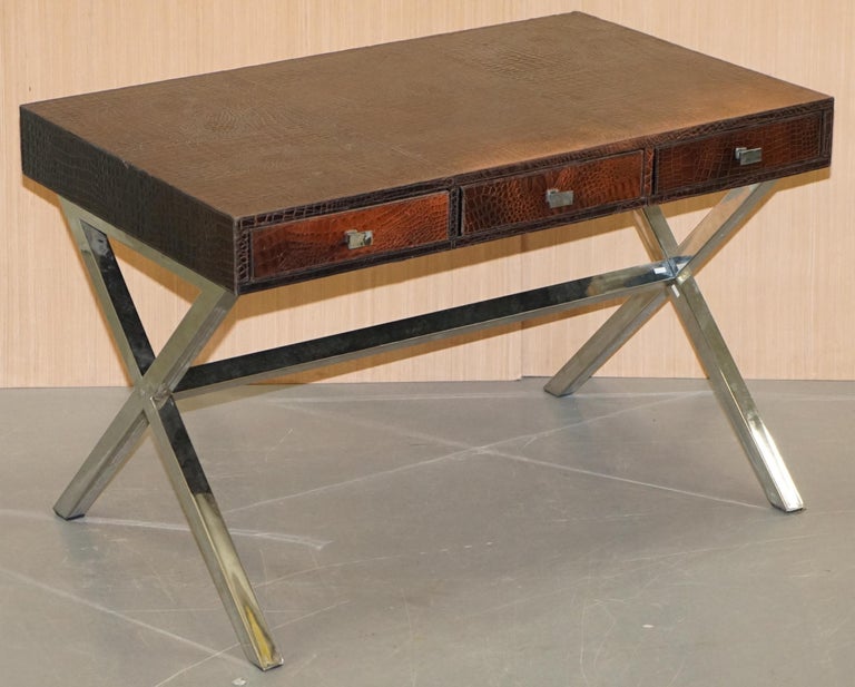 Brown Leather Crocodile Alligator Patina Desk with Chrome X-Frame ...