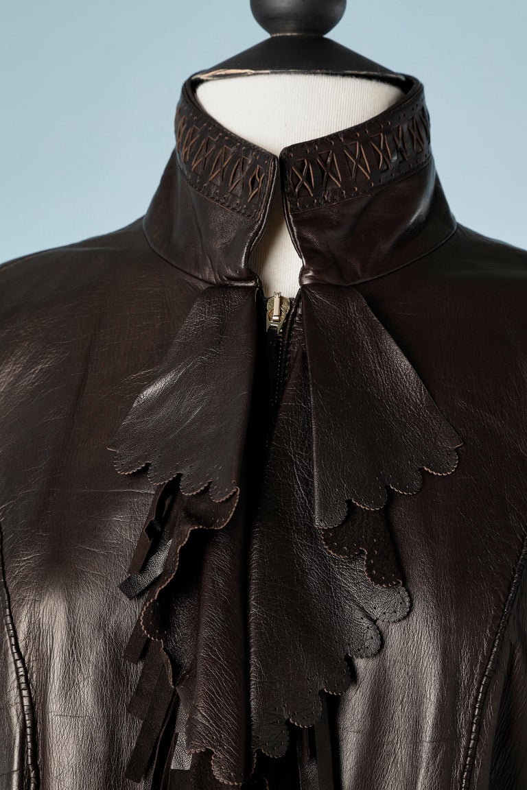 Brown leather jacket with ruffles and fringes jabot Roberto Cavalli For ...