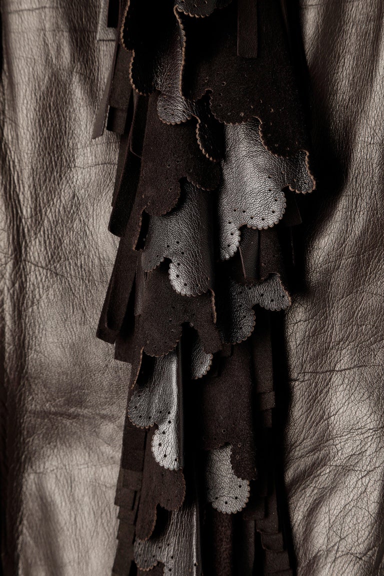 Brown leather jacket with ruffles and fringes jabot Roberto Cavalli For ...