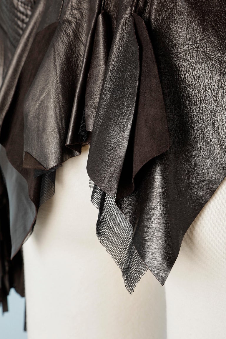 Brown leather jacket with ruffles and fringes jabot Roberto Cavalli For ...