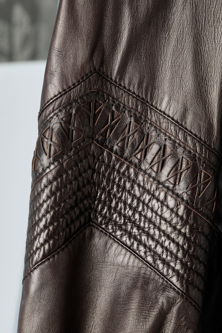 Brown leather jacket with ruffles and fringes jabot Roberto Cavalli For ...