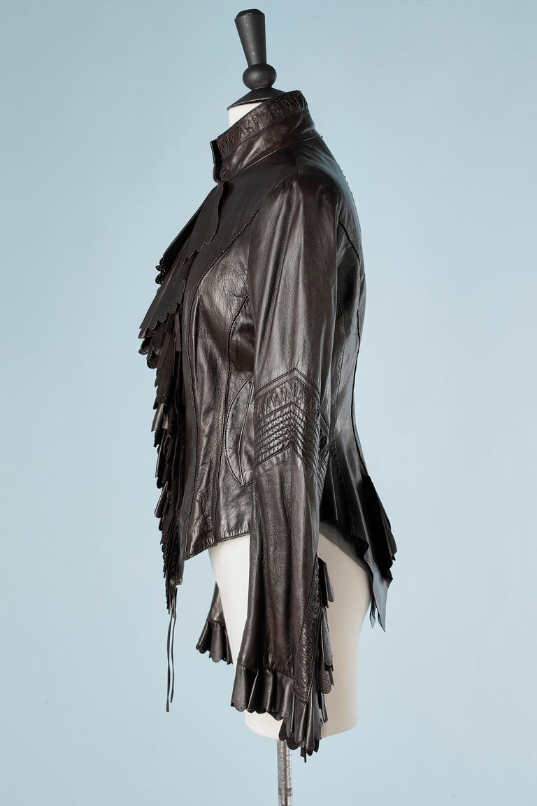 Brown leather jacket with ruffles and fringes jabot Roberto Cavalli For ...