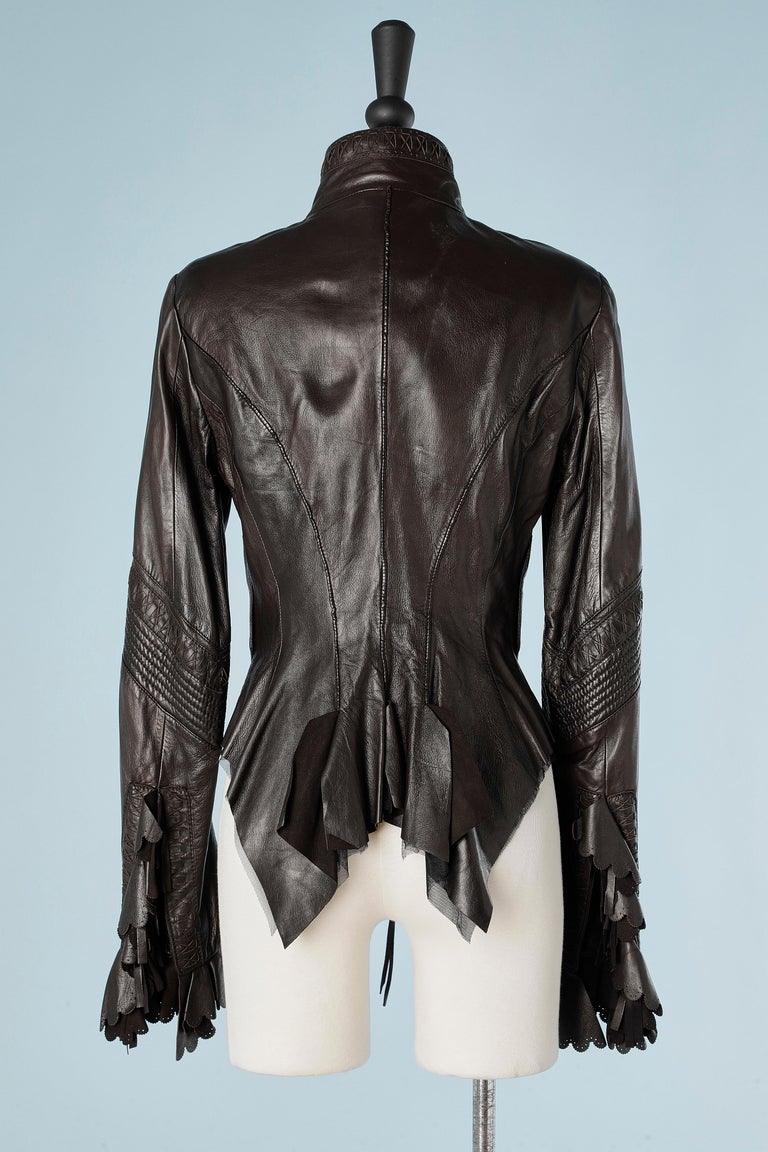 Brown leather jacket with ruffles and fringes jabot Roberto Cavalli For ...