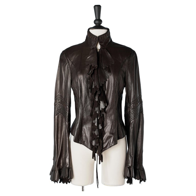 Brown leather jacket with ruffles and fringes jabot Roberto Cavalli For ...