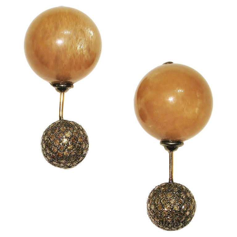 Brown Moonstone and Pave Diamond Ball Tunnel Earring Made in 14k Gold ...