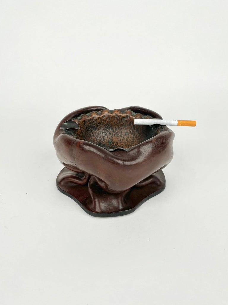 Brown Natural Leather and Copper Ashtray, Italy, 1970s For Sale at 1stDibs