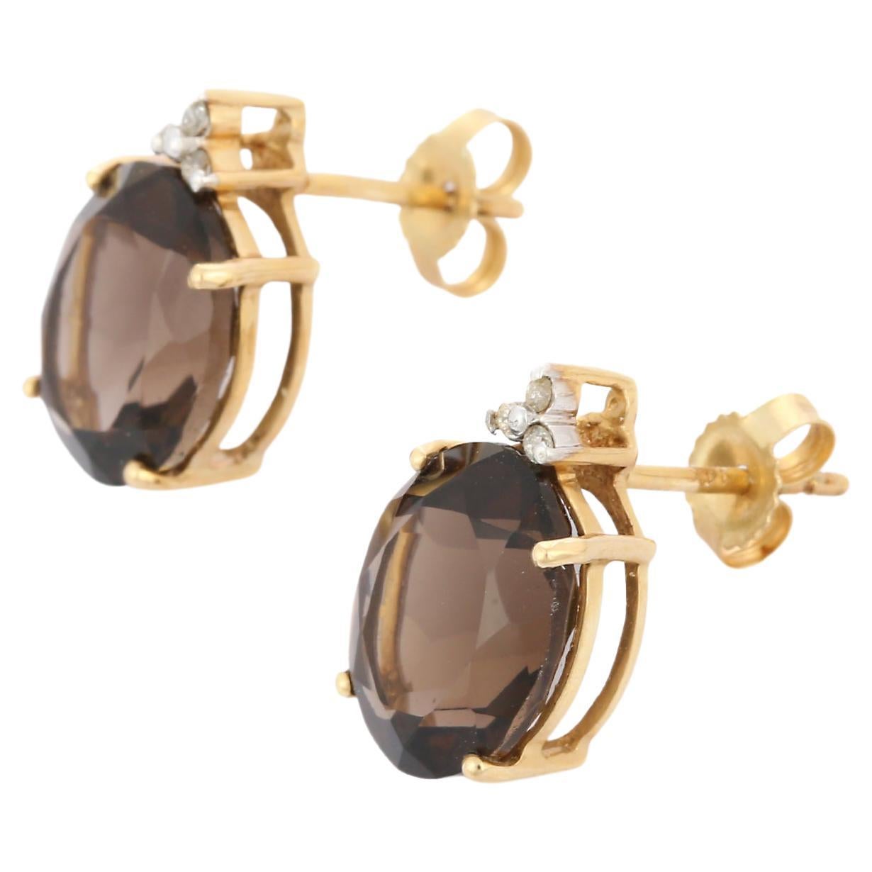 Brown Oval Cut Smoky Quartz Pushback Ear Studs with Diamonds in 14K ...