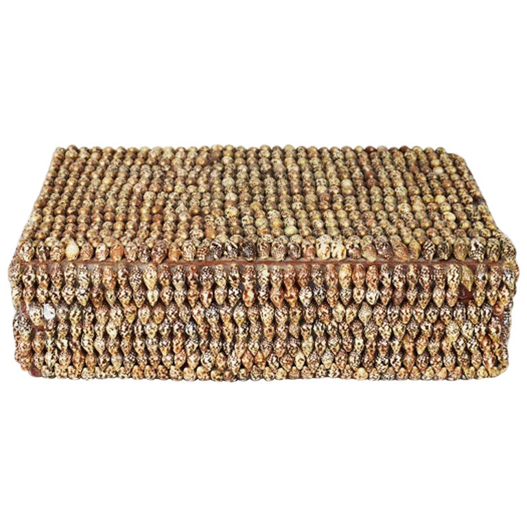 Brown Rectangular Folk Art Shell Covered Wooden Box with Lid, Arthur ...