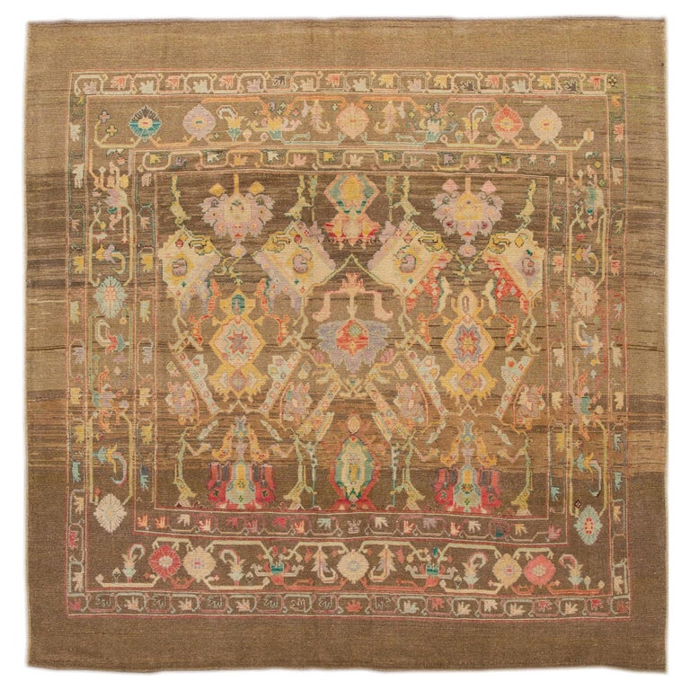 Brown Revival Square Handmade Wool Rug For Sale at 1stDibs