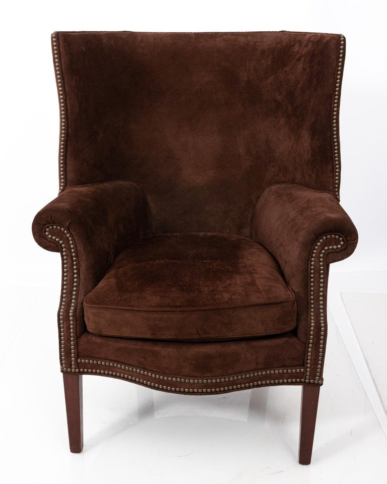 Brown Suede Wingback Chair at 1stDibs