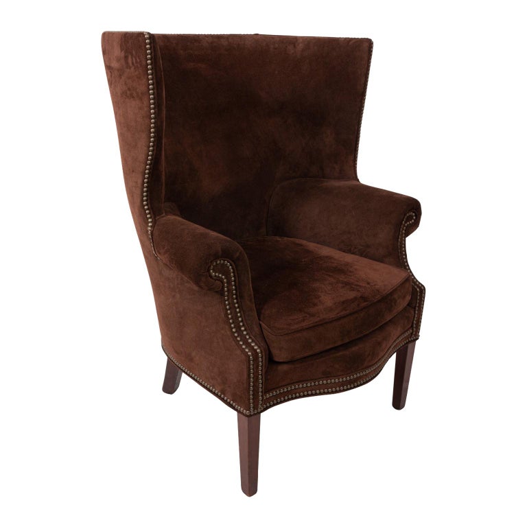 Brown Suede Wingback Chair at 1stDibs