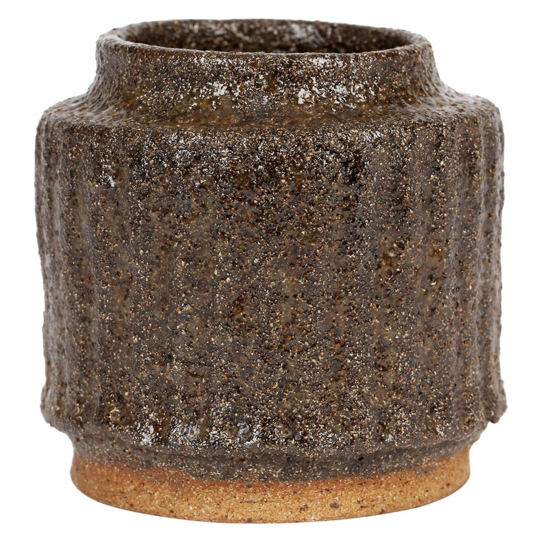Brown Texture Glazed Studio Pottery Stoneware Signed Vase at 1stDibs