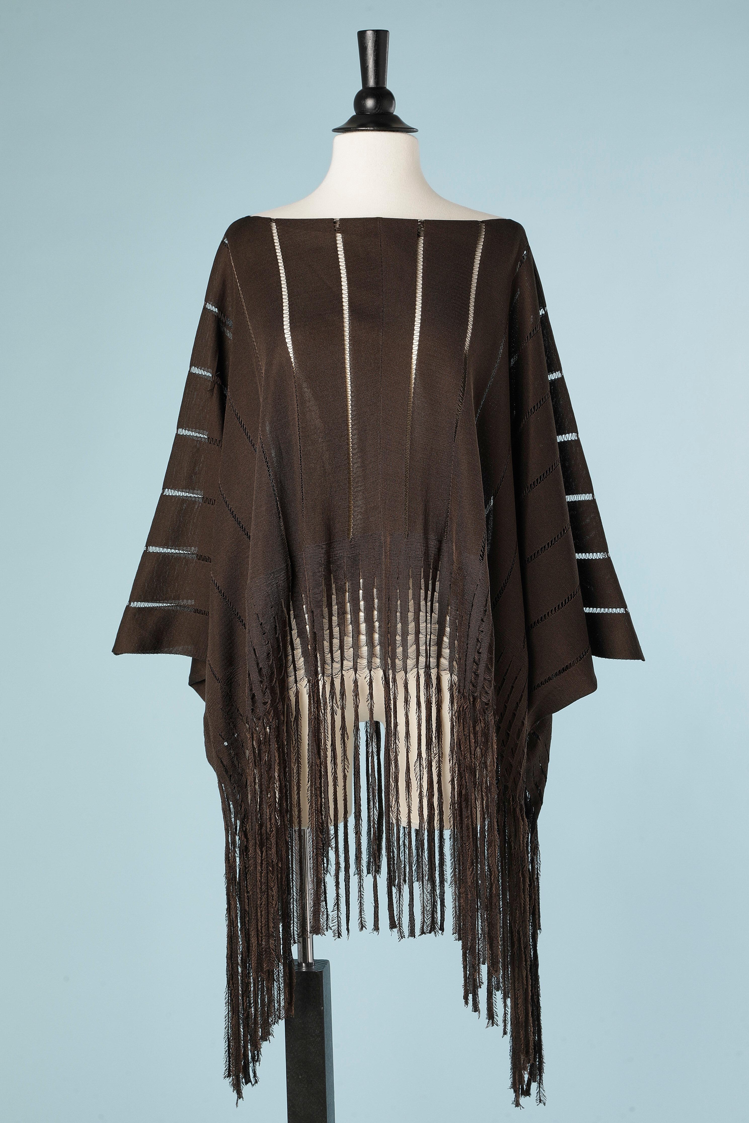 Brown thin knit poncho ended with fringes Yves Saint Laurent Rive ...