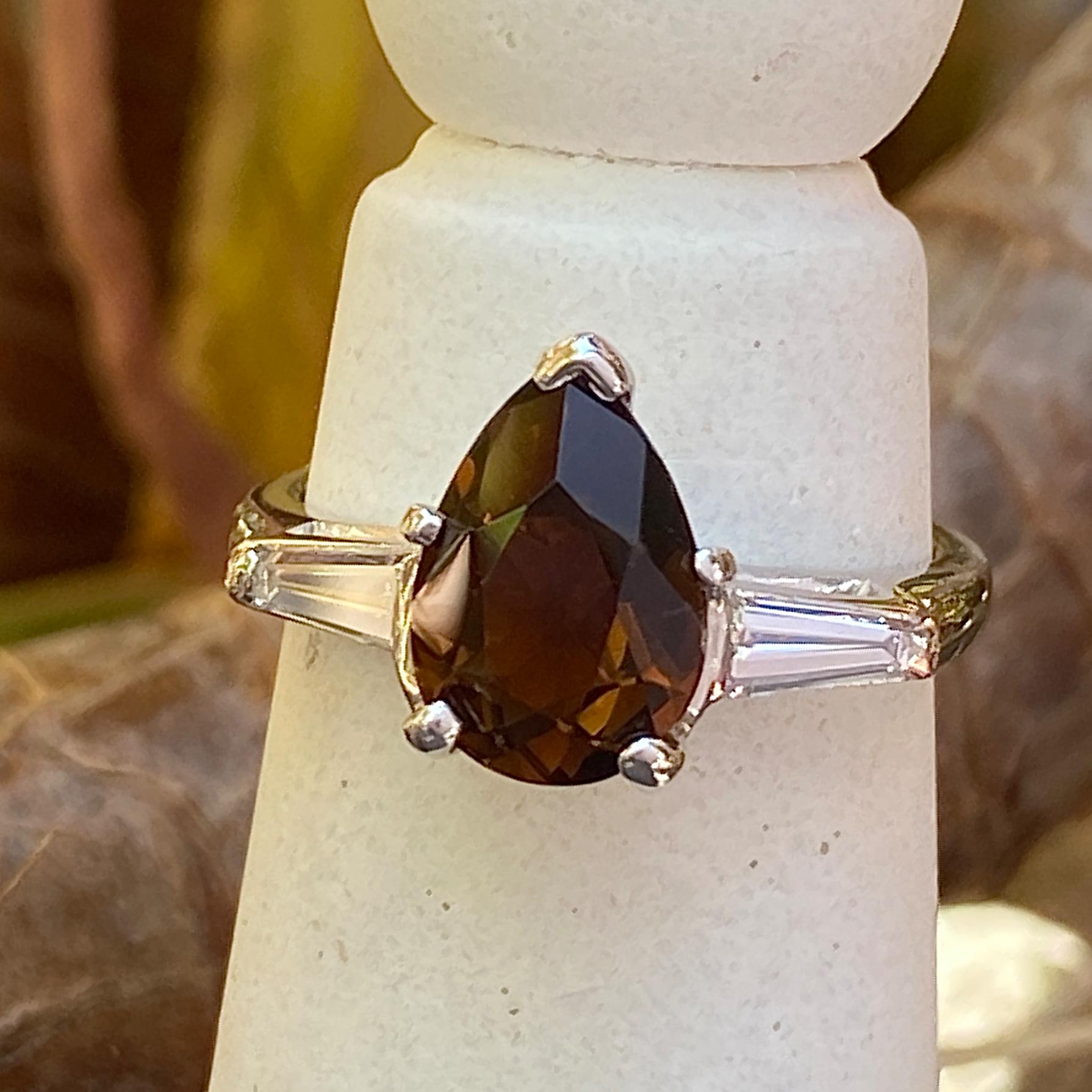 Platinum 3-Stone Ring with Long Diamond Baguettes and Brown Tourmaline ...