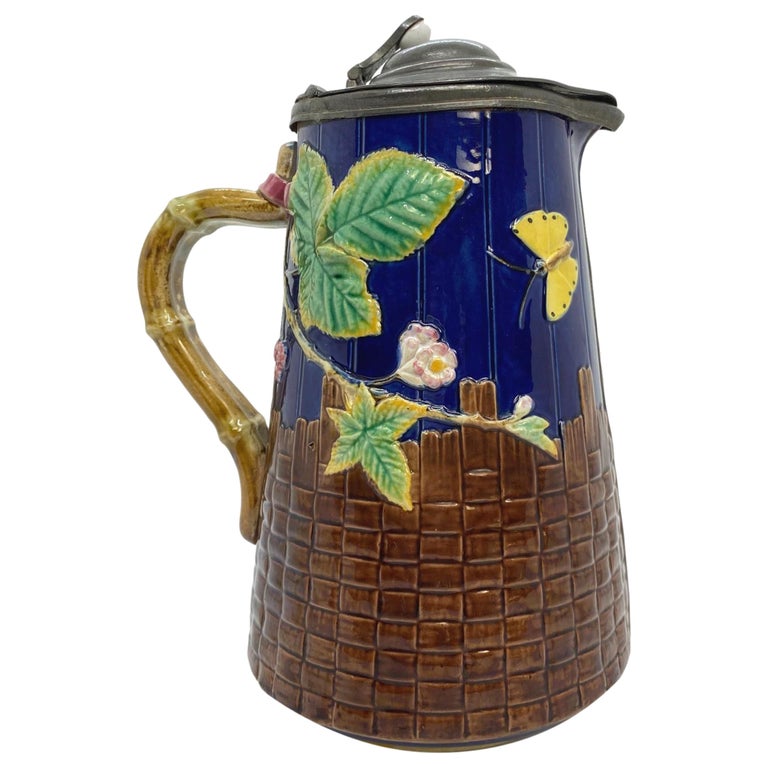 Brown-Westhead Moore Majolica Butterfly Pitcher, Pewter Lid, Cobalt, c ...